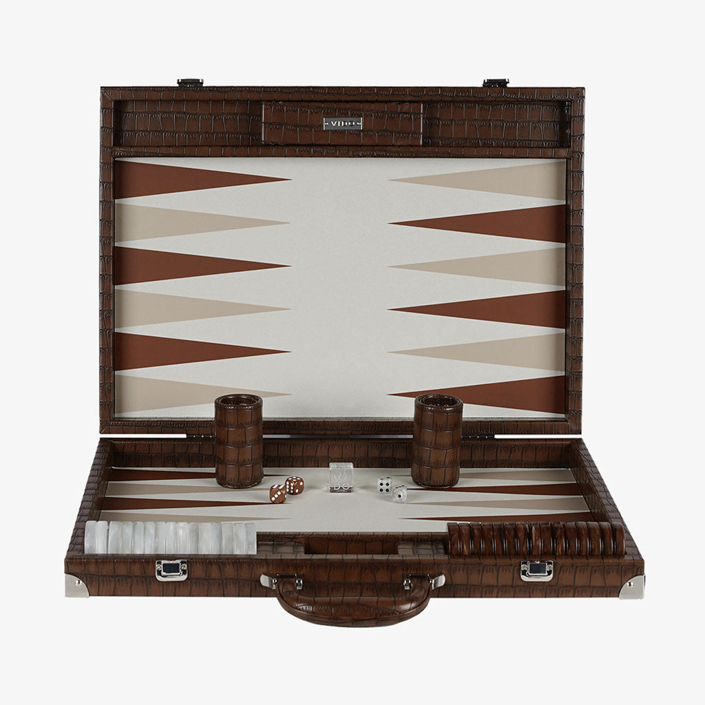Backgammon Set Patinated Brown Crocodile Large Competition Size – VIDO USA